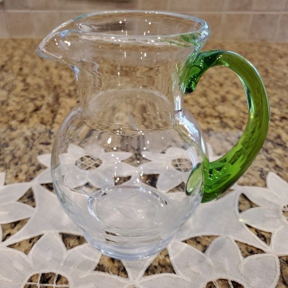 Dining | Hand Blown Glass Creamer Pitcher Applied Green Handle Etched ...